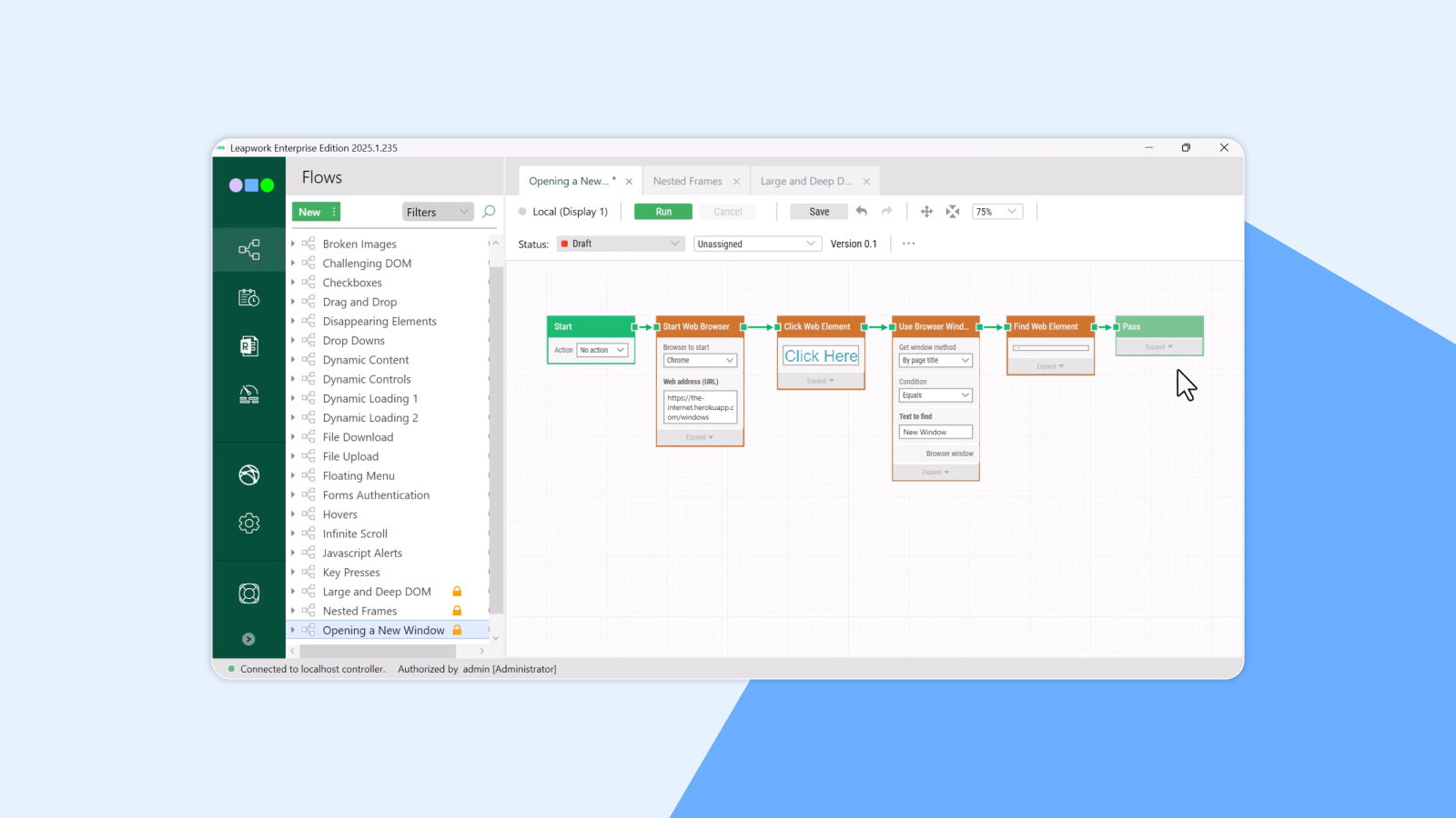Opening a new window | Testing the Internet | Leapwork